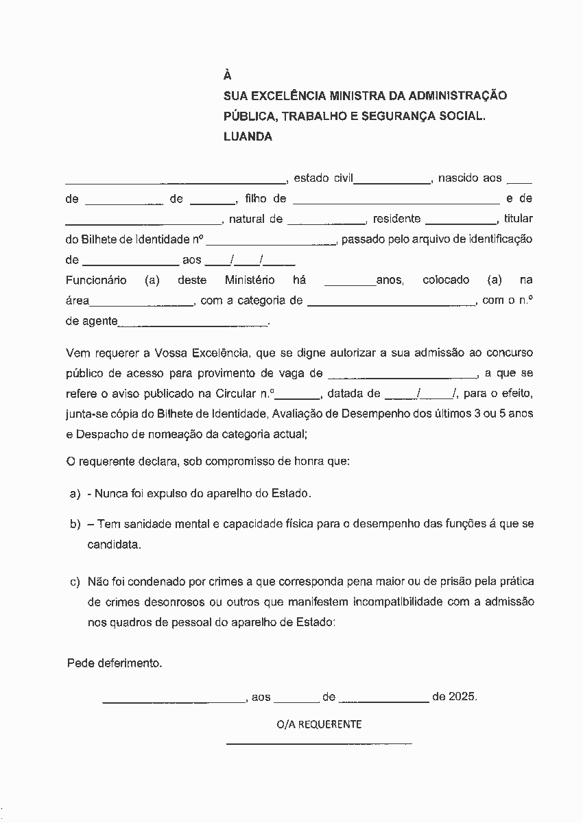 Modelo de Requerimento Concurso Público do MAPTSS 2025 - Ango Emprego
